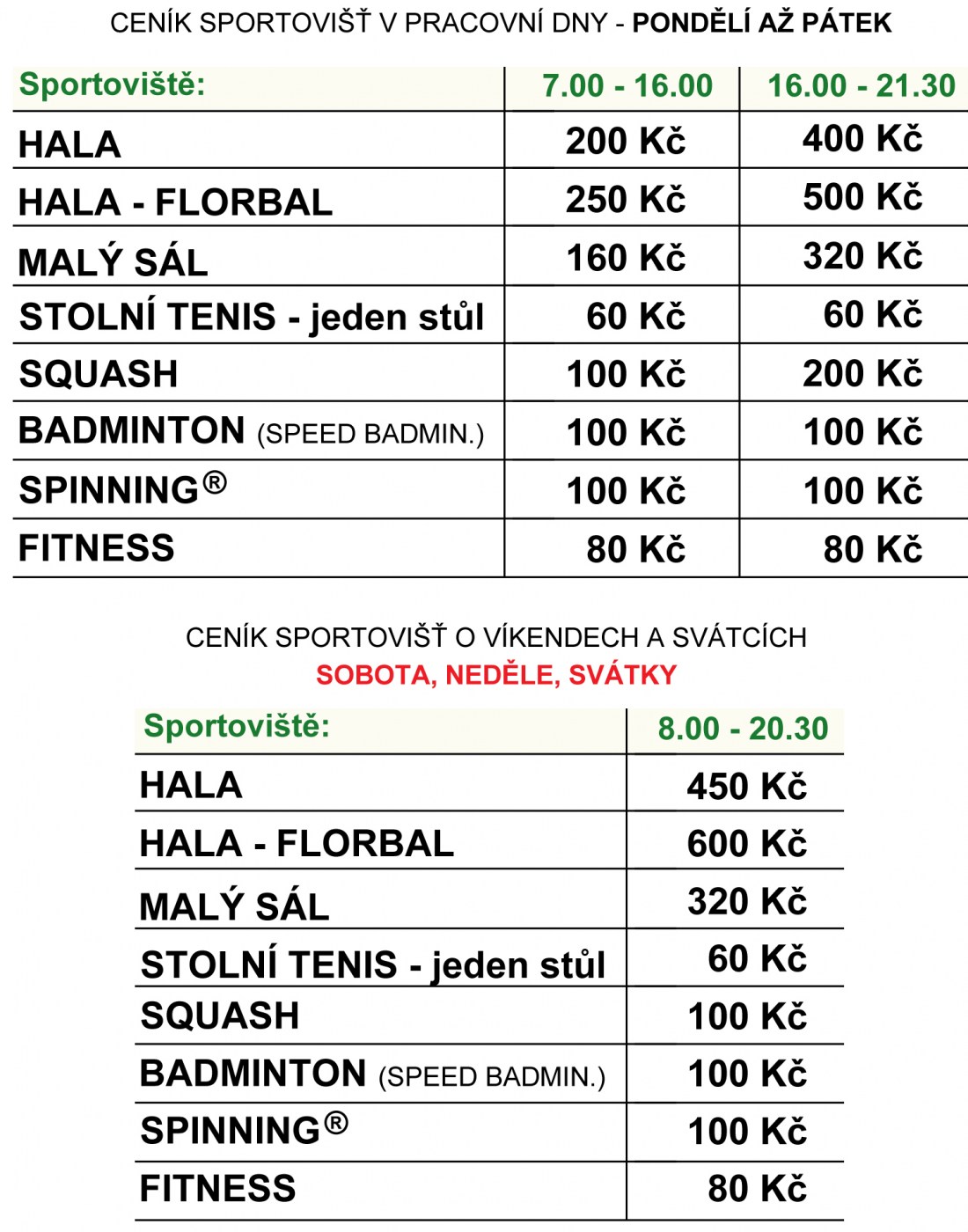 Ceník | ČEZ Sportovní hala
